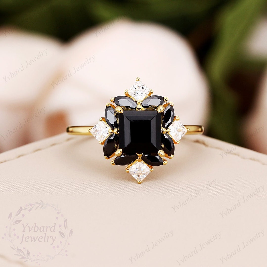 Princess Cut Black Onyx Engagement Ring Solid Yellow Gold Engagement ...