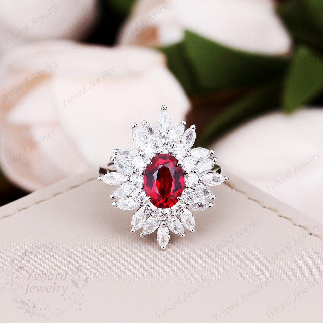 Oval Cut Lab Created Ruby Engagement Ring Moissanite Halo Wedding Ring ...