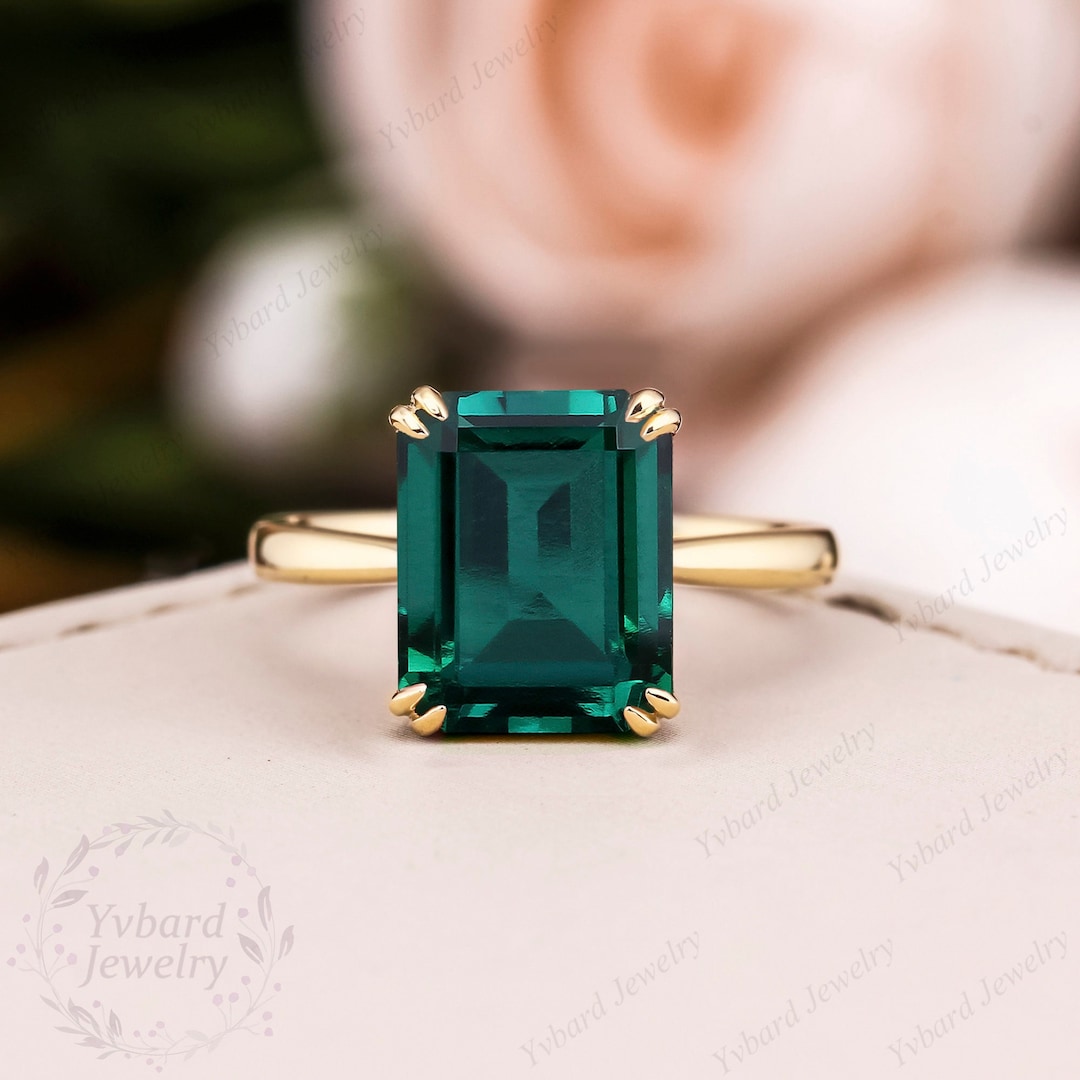Emerald Cut Lab Created Emerald Solitaire Ring Yellow Gold Minimalist ...