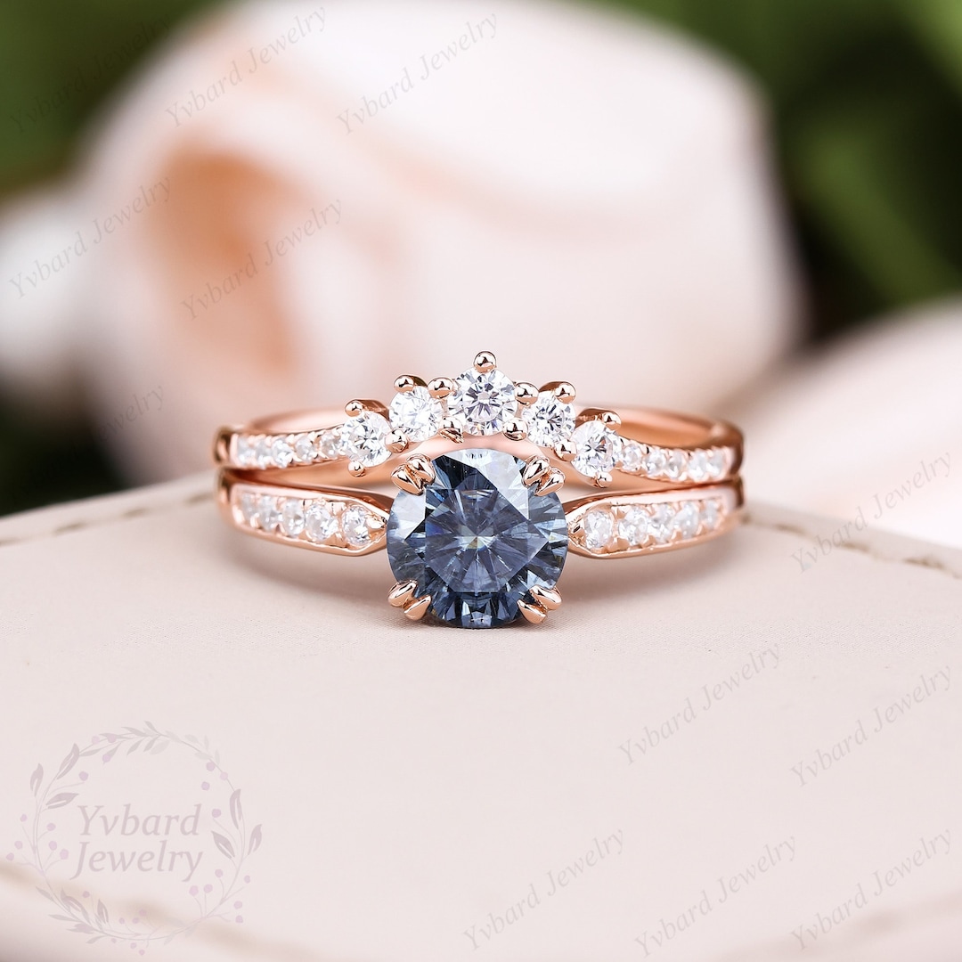 Unique 1CT Round Blue Grey Moissanite Engagement Ring Set Solid 14K ...