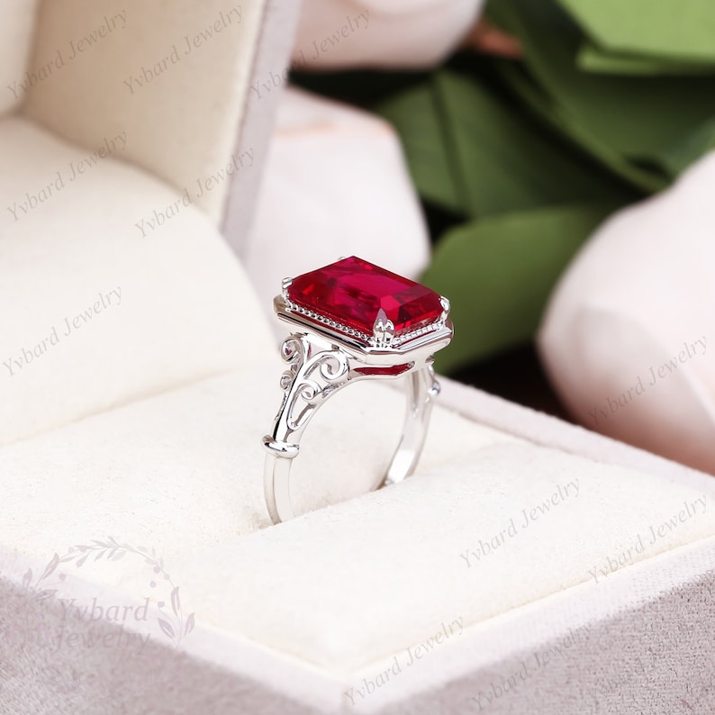 Vintage Red Ruby Engagement Ring Emerald Cut Solitaire Ring - Etsy