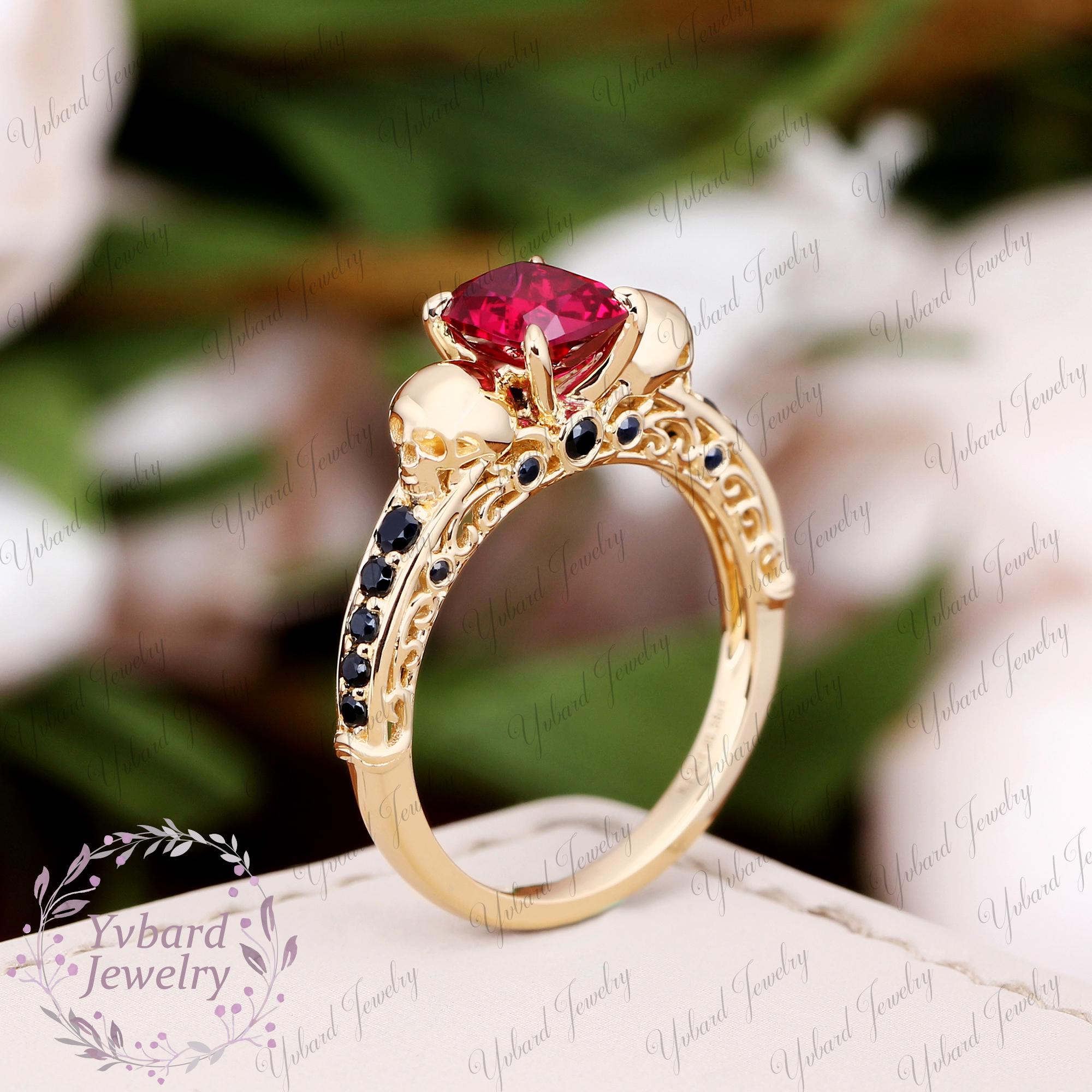 Unique Skull Ring Lab Red Ruby Engagement Ring 14K Solid Gold Ring ...