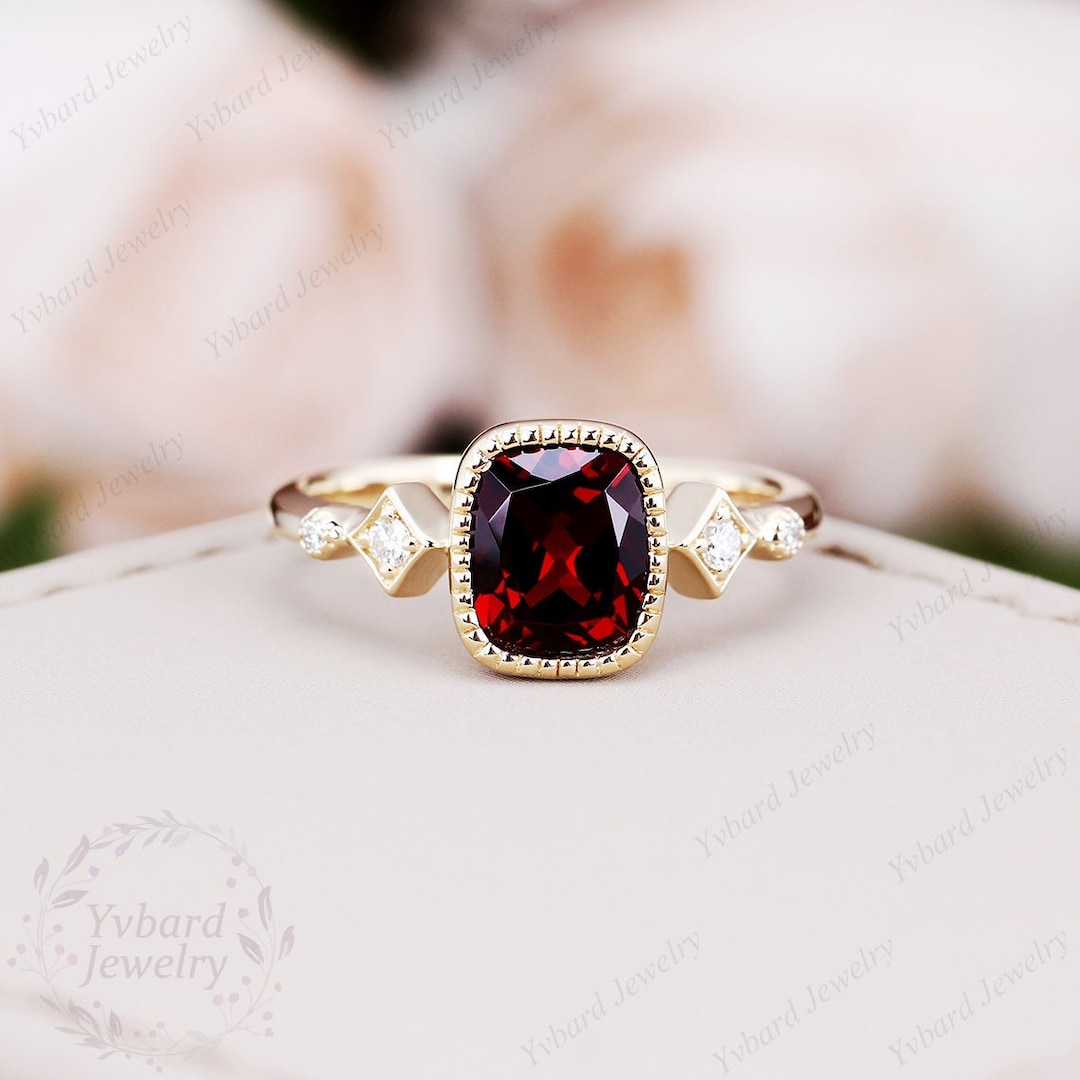 Natural Garnet Ring Solid Yellow Gold Engagement Ring Diamond Wedding ...