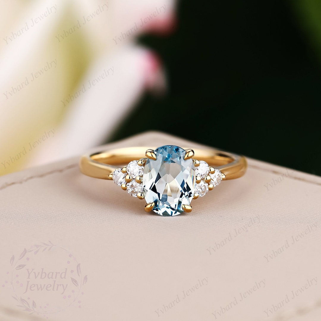 Oval Cut Aquamarine Engagement Ring Natural Diamond Cluster Bridal ...