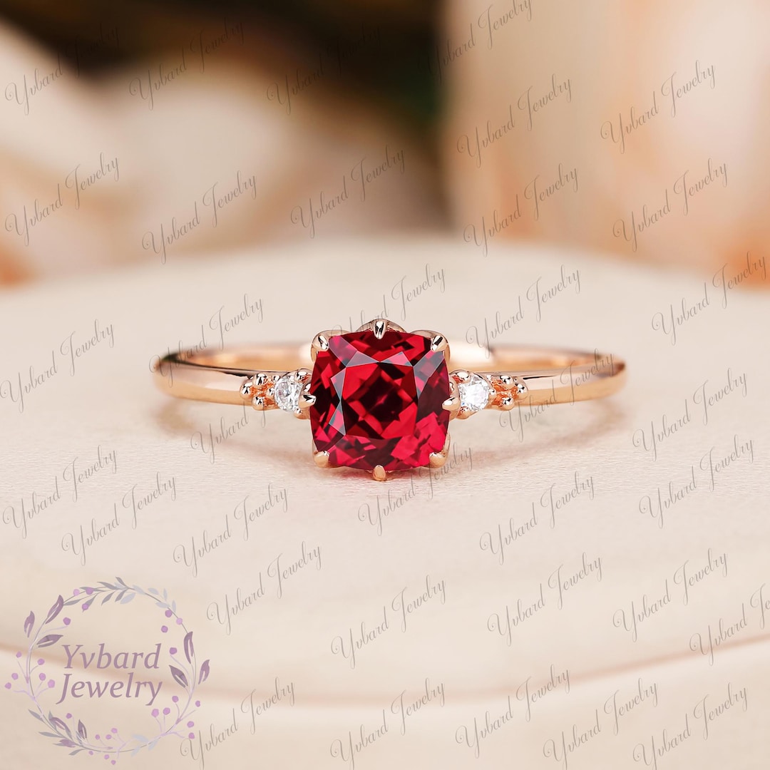 Lab Created Ruby Gold Ring Solid Rose Gold Engagement Ring Red Gemstone ...