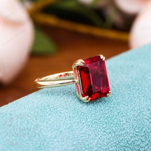 Emerald Cut Lab Created Ruby Solitaire Ring Yellow Gold Minimalist Ring ...