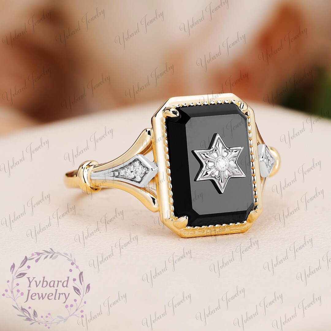 Black Onyx Real Diamond Ring Solid 18K/14K/10K Two Tone Gold Engagement ...