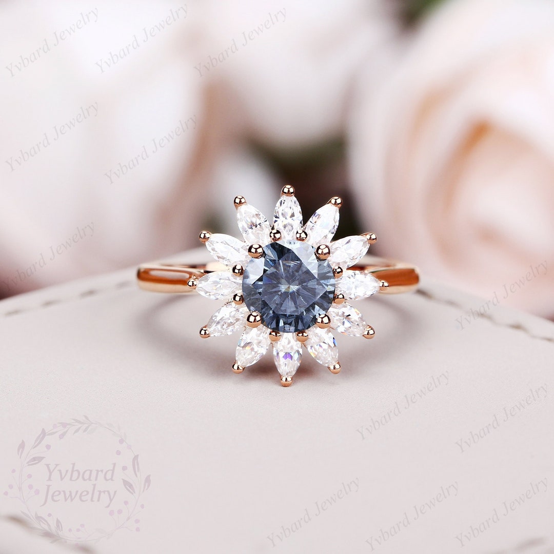 Blue Grey Moissanite Engagement Ring Solid 14K Rose Gold Art Deco Ring ...