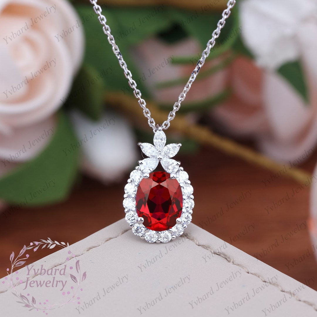 Solid 14K Gold Ruby Necklace, Moissanite Halo Necklace, Ruby Gemstone ...