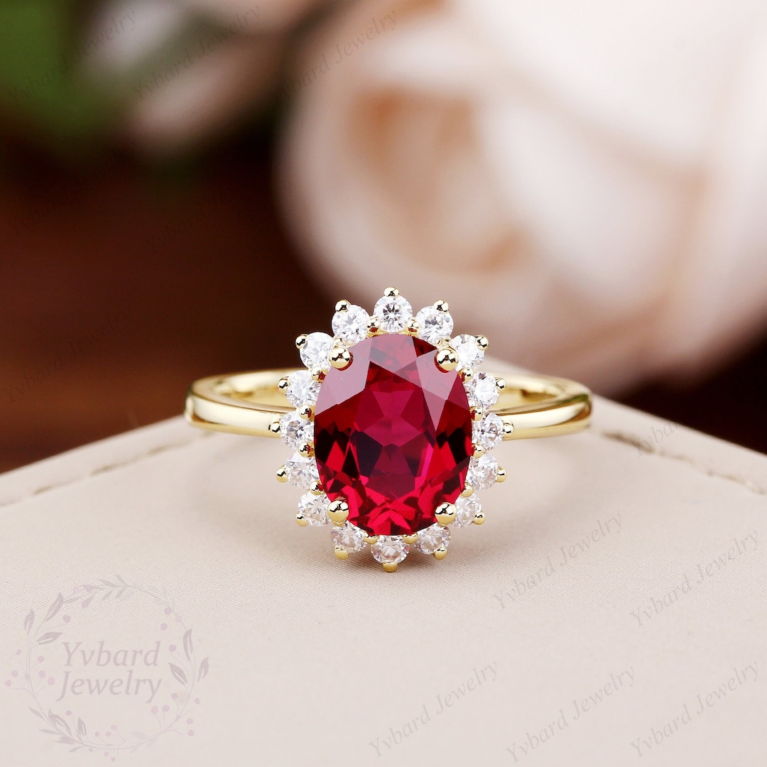 7*9mm Oval Red Ruby Ring Vintage Halo Moissanite Ring Solid Yellow Gold ...