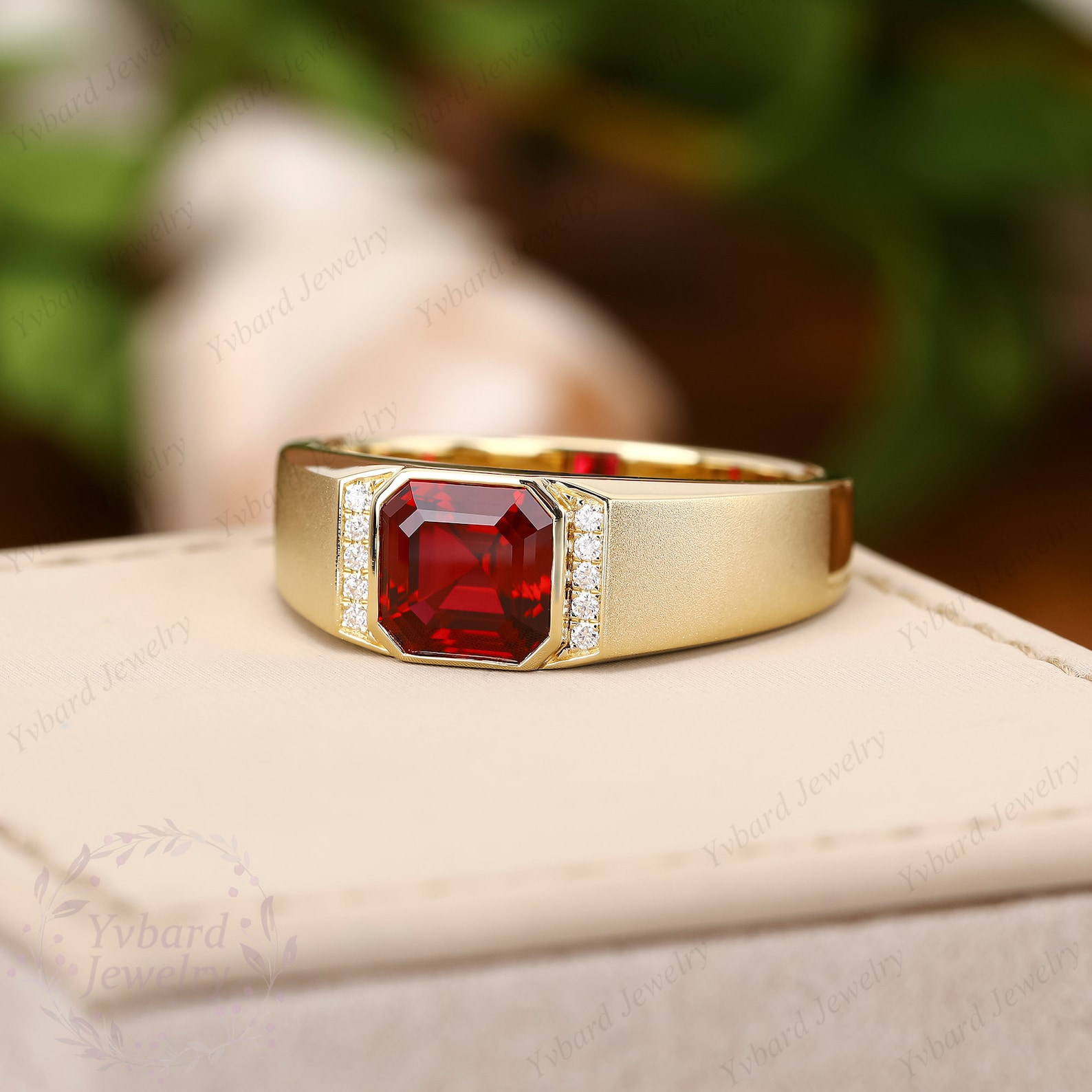 18K/14K/10K Solid Yellow Gold Lab Created Ruby Ring for Men Gold Band ...