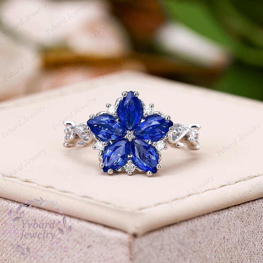 Marquise Cut Blue Sapphire Engagement Ring Solid White Gold Cluster Wedding Ring Unique Flower ...