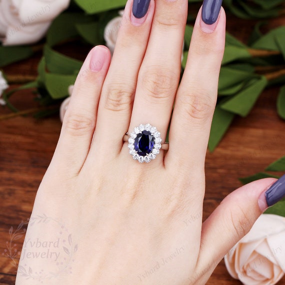 Oval Cut Lab Created Blue Sapphire Engagement Ring Vintage Sapphire Wedding Ring White Gold Halo Ring for Women Bridal Ring Anniversary Gift