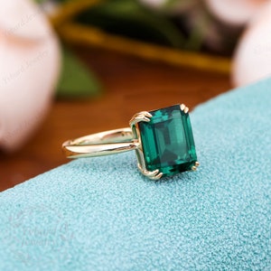 Emerald Cut Lab Created Emerald Solitaire Ring Yellow Gold Minimalist ...