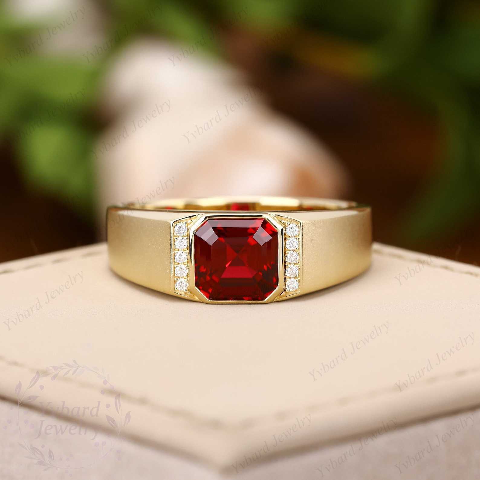 18K/14K/10K Solid Yellow Gold Lab Created Ruby Ring for Men Gold Band ...