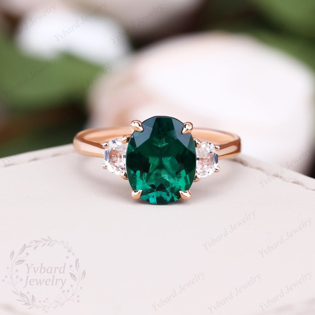 3.50ct Green Emerald Engagement Ring Solid 14K Rose Gold Wedding Ring ...