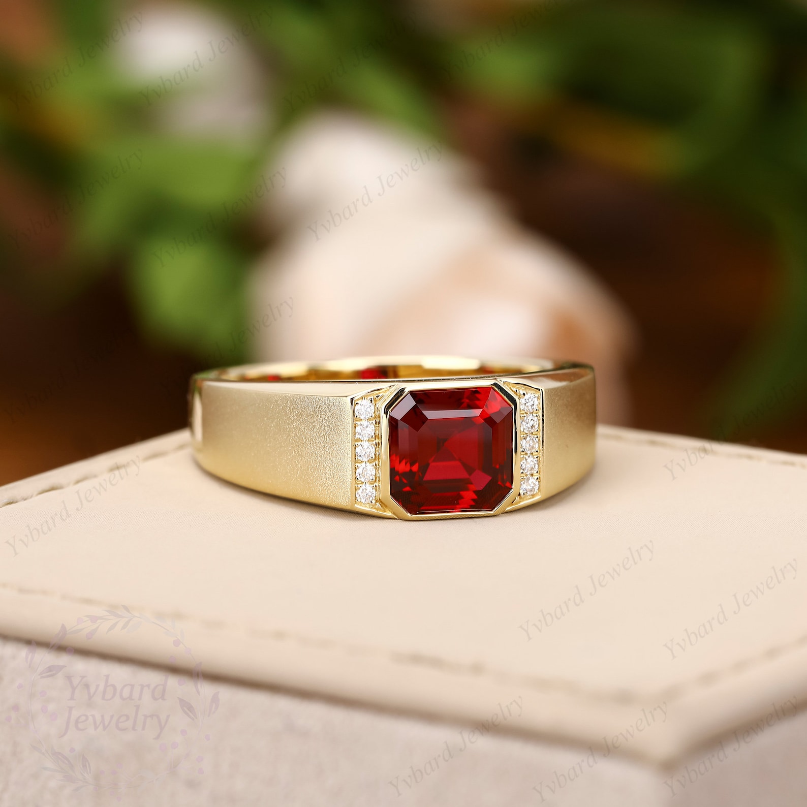 18K/14K/10K Solid Yellow Gold Lab Created Ruby Ring for Men Gold Band Red Gemstone Statement ...