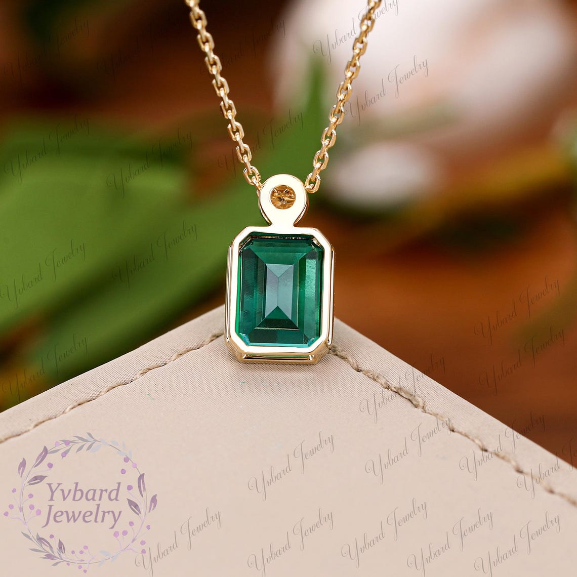 Emerald Cut Emerald Pendant Necklace Solid 14K Yellow Gold Gemstone ...