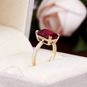 8*11mm Emerald Cut Lab Created Ruby Ring Solid 14K/18K Yellow Gold ...