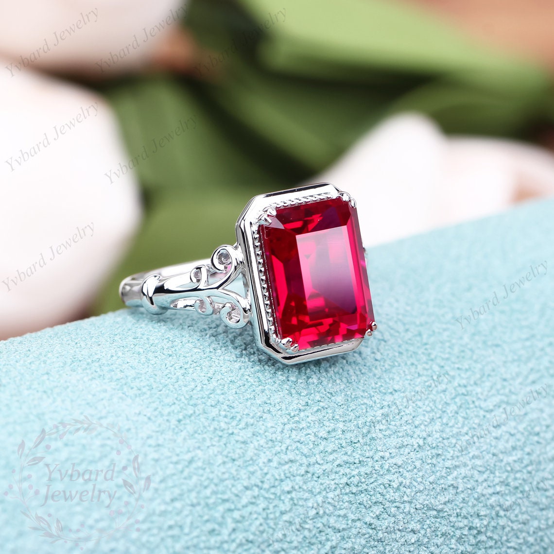 Vintage Red Ruby Engagement Ring Emerald Cut Solitaire Ring - Etsy