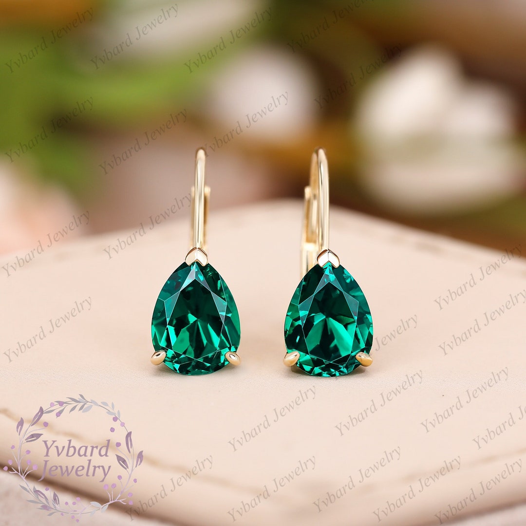 Pear Cut Green Emerald Earrings Solid 14K/18K Yellow Gold Minimalist Earrings Bridal Wedding ...
