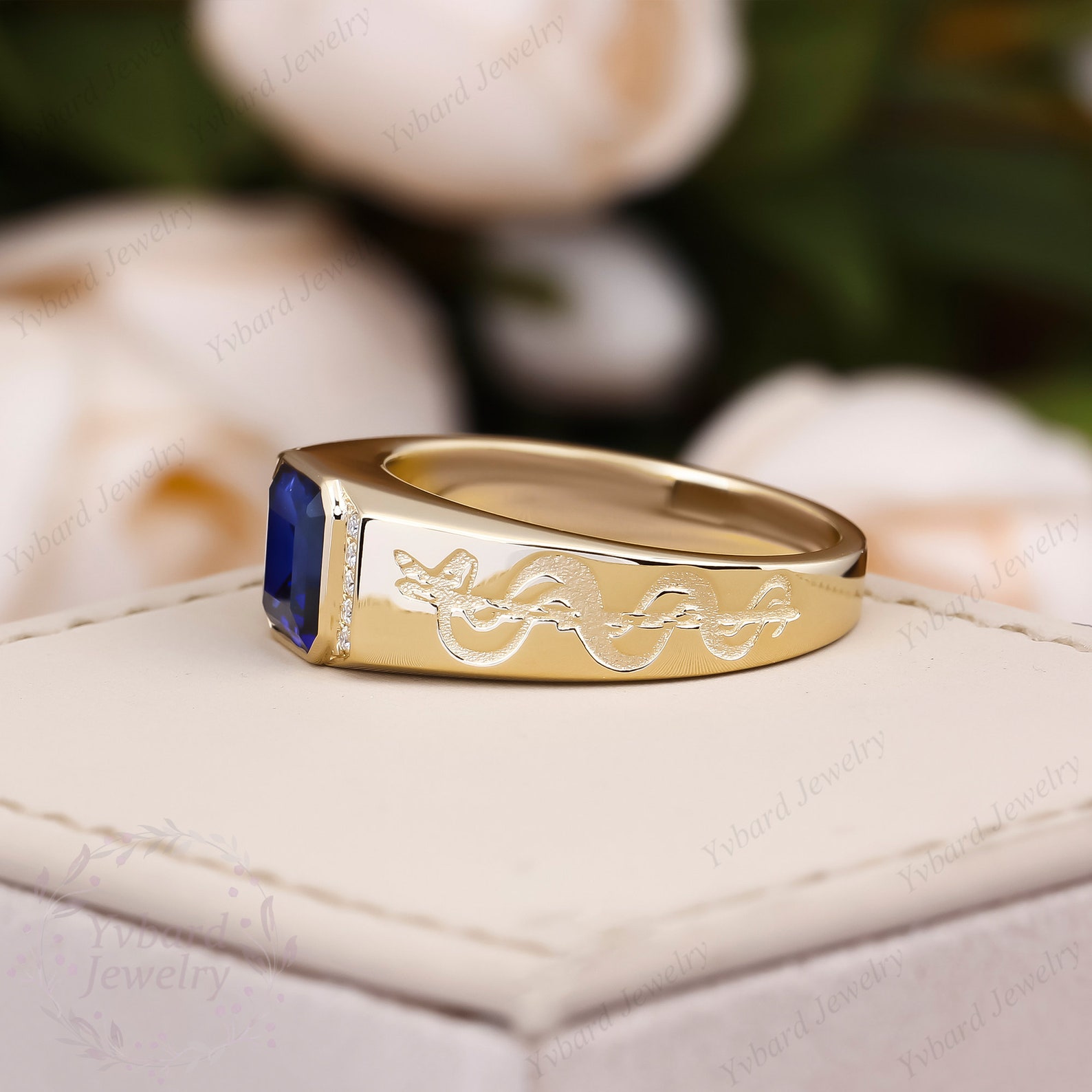 Blue Sapphire Men Ring 18K/14K/10K Yellow Gold Engagement Rings for Men ...