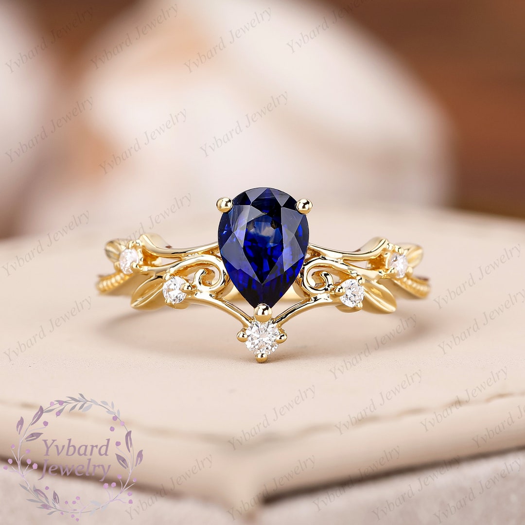 Pear Shaped Sapphire Engagement Ring Solid 14K 18k Yellow Gold Promise ...