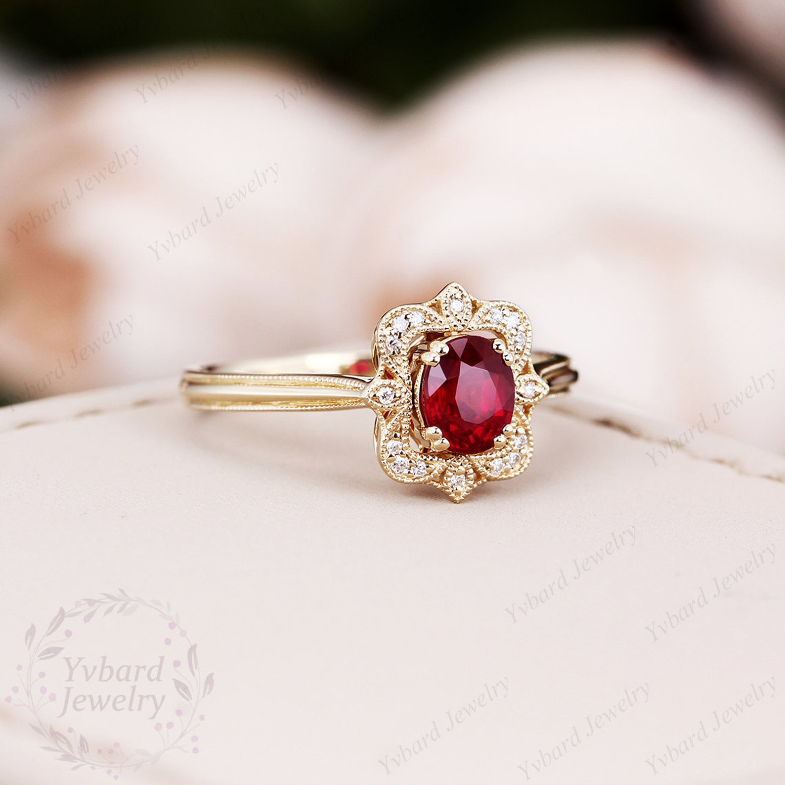 Ruby Yellow Gold Ring Diamond Natural Ruby Engagement Bridal Ring July ...