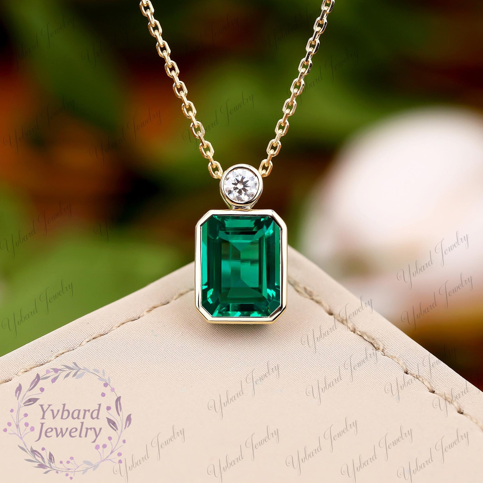 Emerald Cut Emerald Pendant Necklace Solid 14K Yellow Gold Gemstone ...