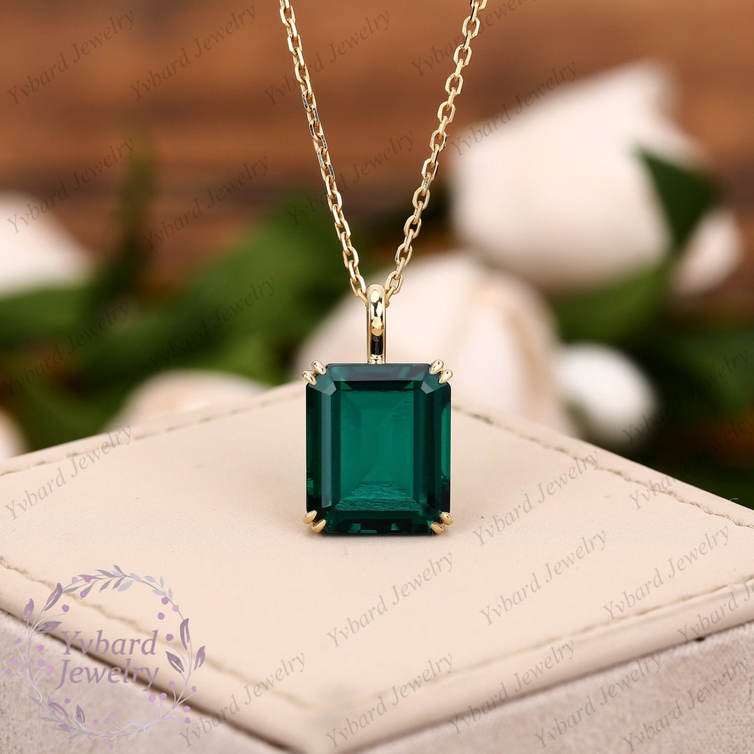 12*14mm Emerald Cut Green Emerald Pendant Solitaire Solid 14K/18K ...