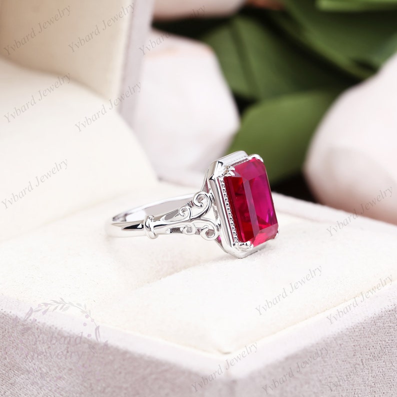 Vintage Red Ruby Engagement Ring Emerald Cut Solitaire Ring - Etsy
