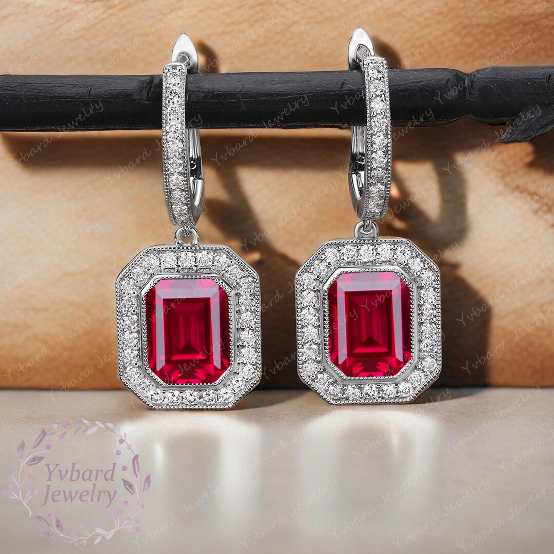 Emerald Cut Ruby Dangle Earrings Solid 10K/14K/18K Gold Drop Earrings ...