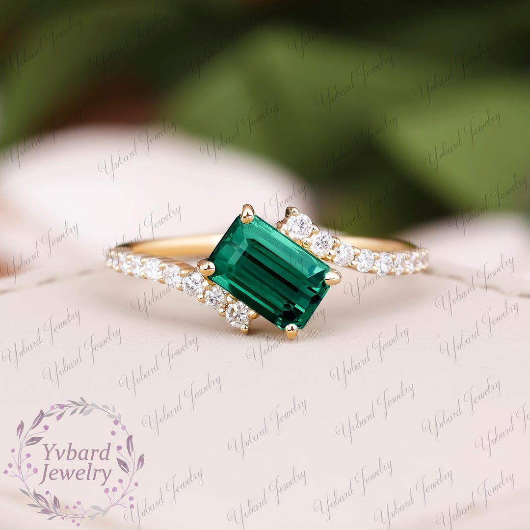 Solid 14K Yellow Gold Emerald Cut Lab Created Emerald Engagement Ring ...