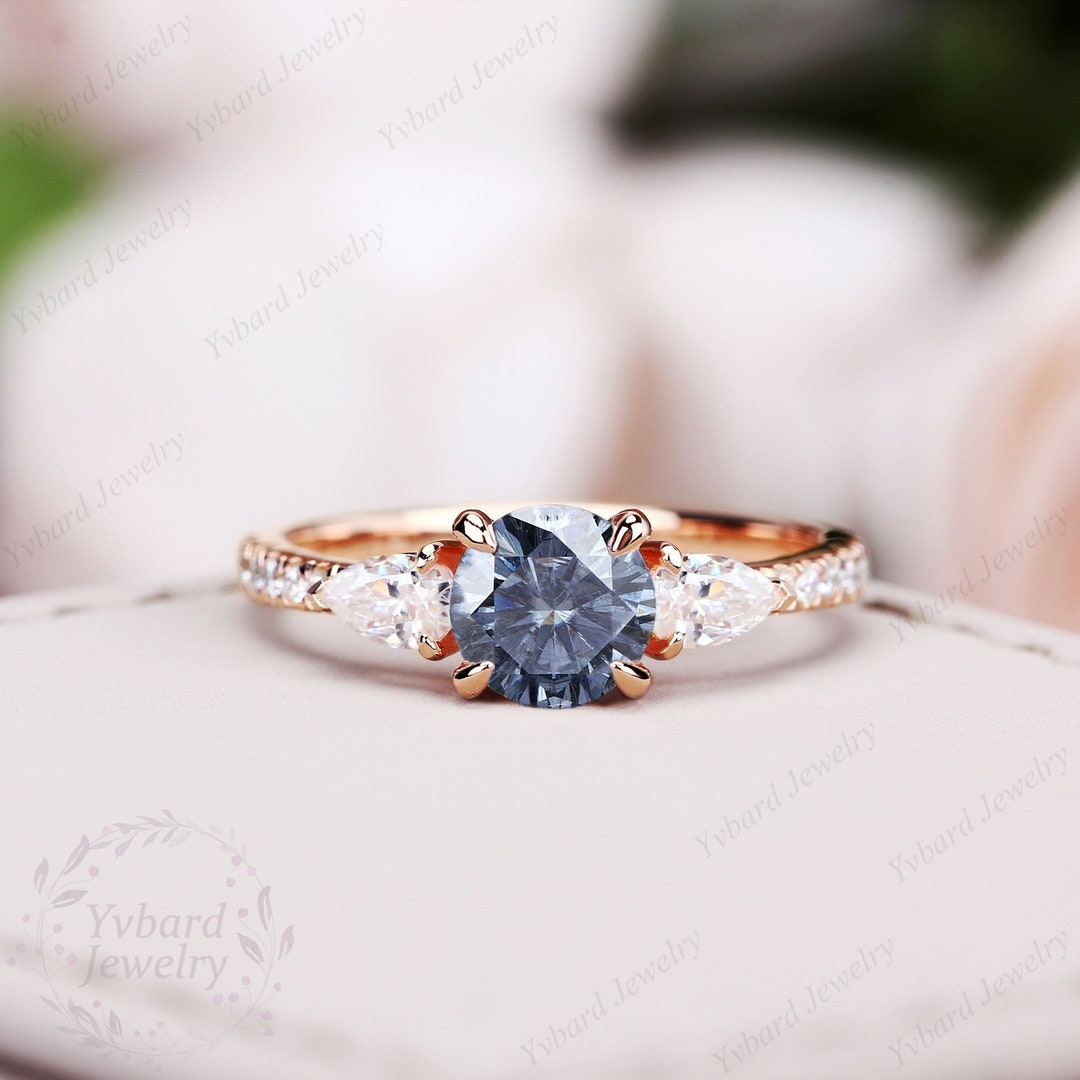 Vintage Blue Grey Moissanite Engagement Ring Solid 14K Rose Gold Art ...