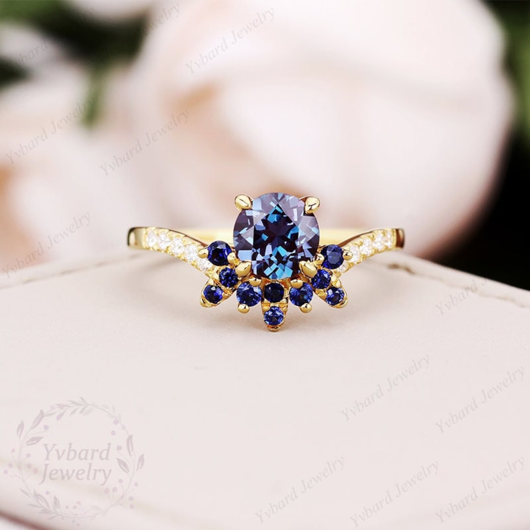 Round Alexandrite Engagement Ring Sapphire Cluster Ring Art Deco Ring ...