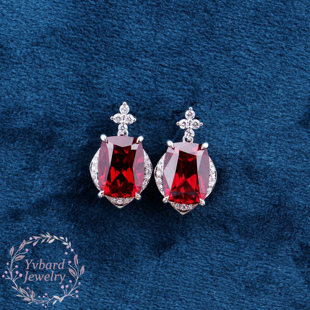 Cushion Cut Red Ruby Stud Earrings Solid 14K White Gold Earrings for ...