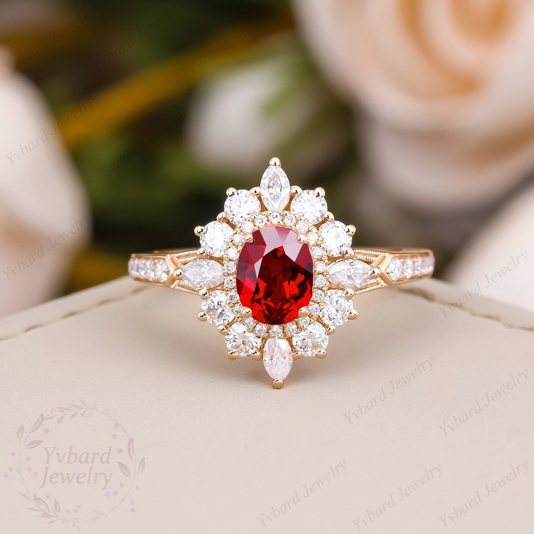 Buy Oval Cut Lab Created Ruby Engagement Wedding Ring Solid 14K Gold Moissanite Halo Art Deco ...