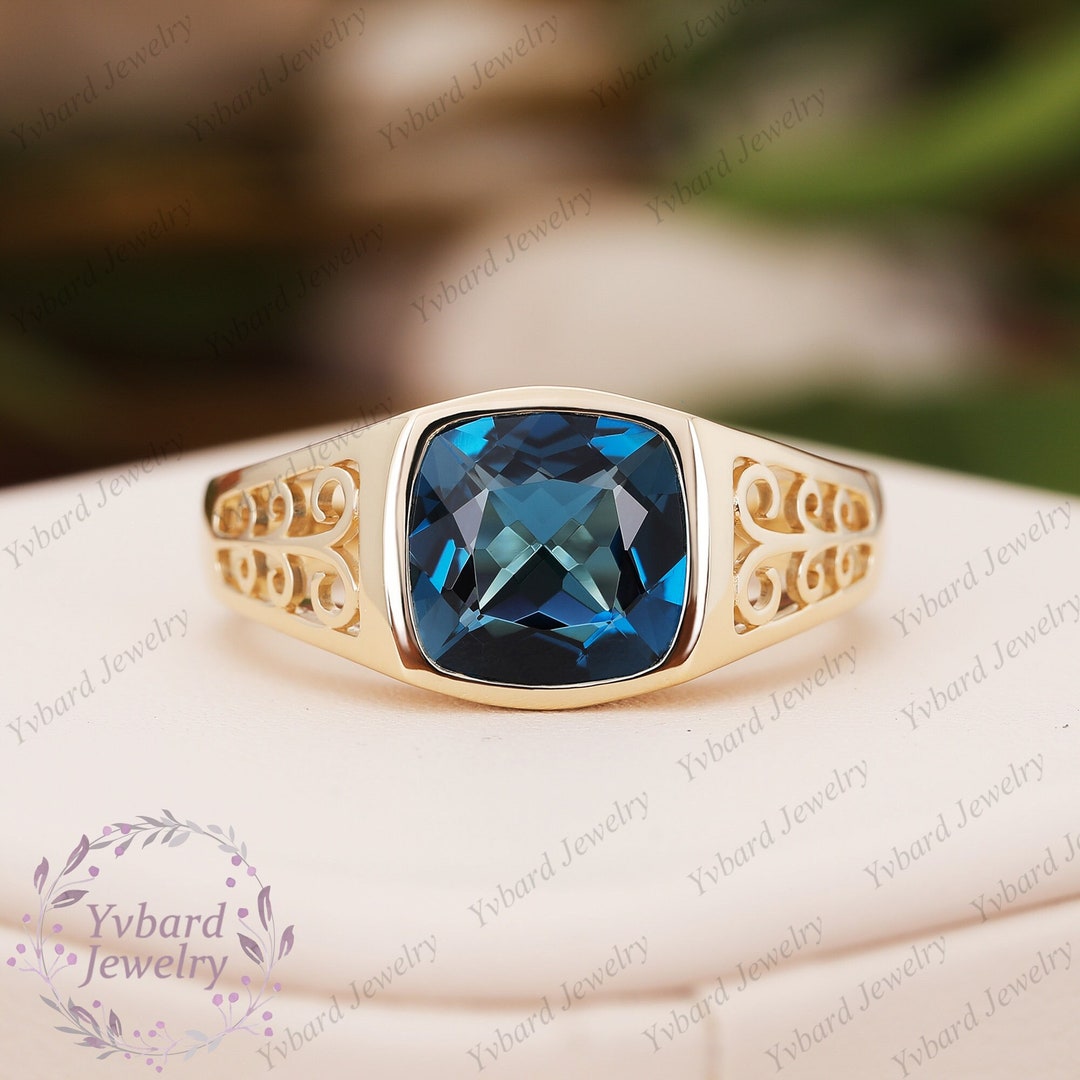 Solid 14K Yellow Gold Men Wedding Band Natural London Topaz Topaz ...