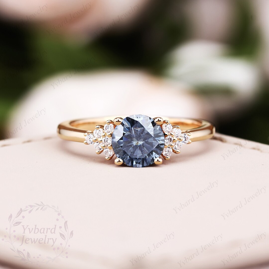 6.5mm 1.0ct Round Blue Grey Moissanite Engagement Rings for Women Solid ...