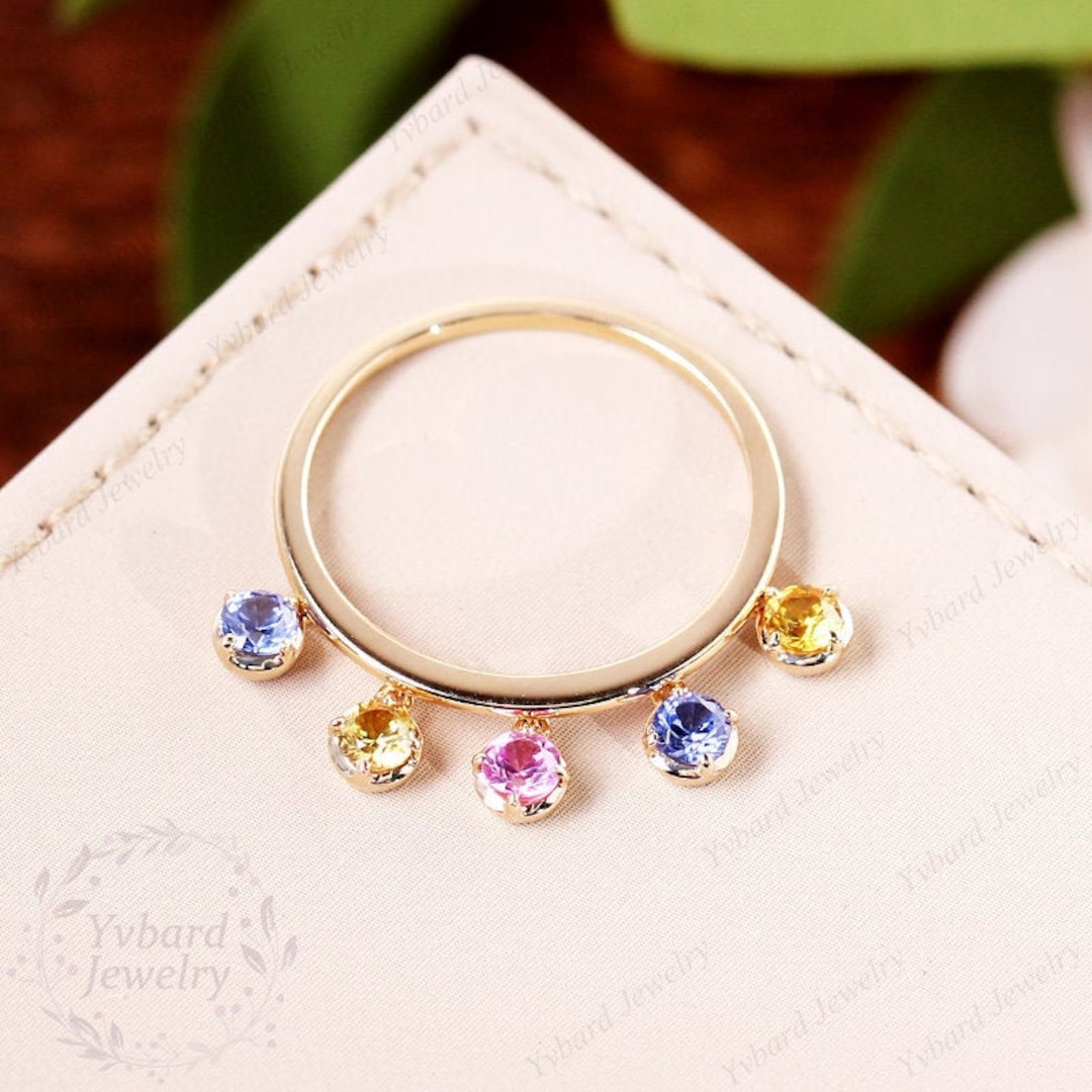 Rainbow Sapphire Ring 14k Yellow Gold Natural Multi Colored Sapphire ...