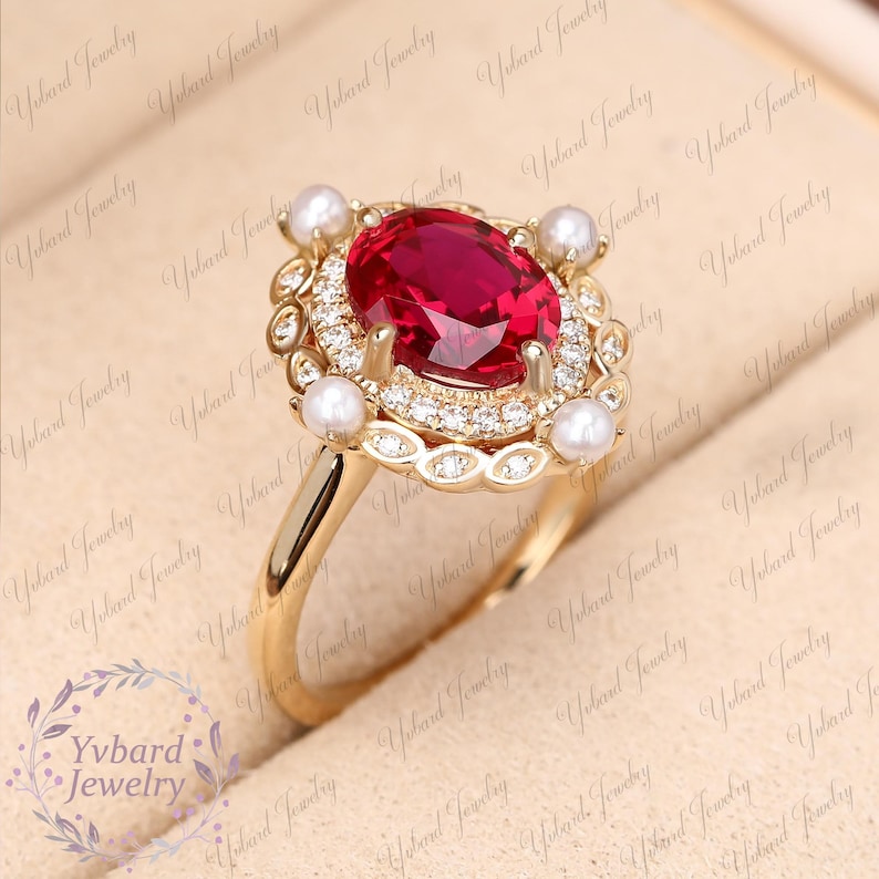 Oval Cut Lab Ruby Engagement Ring, 14K Yellow Gold Promise Ring ...