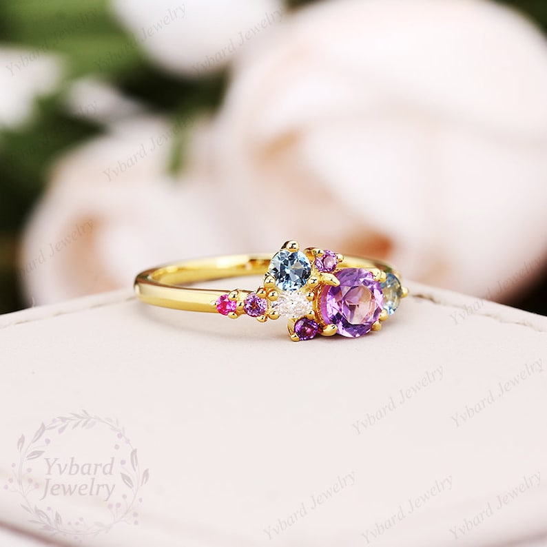 Colored Multi Gemstone Cluster Ring Natural Amethyst Ring | Etsy