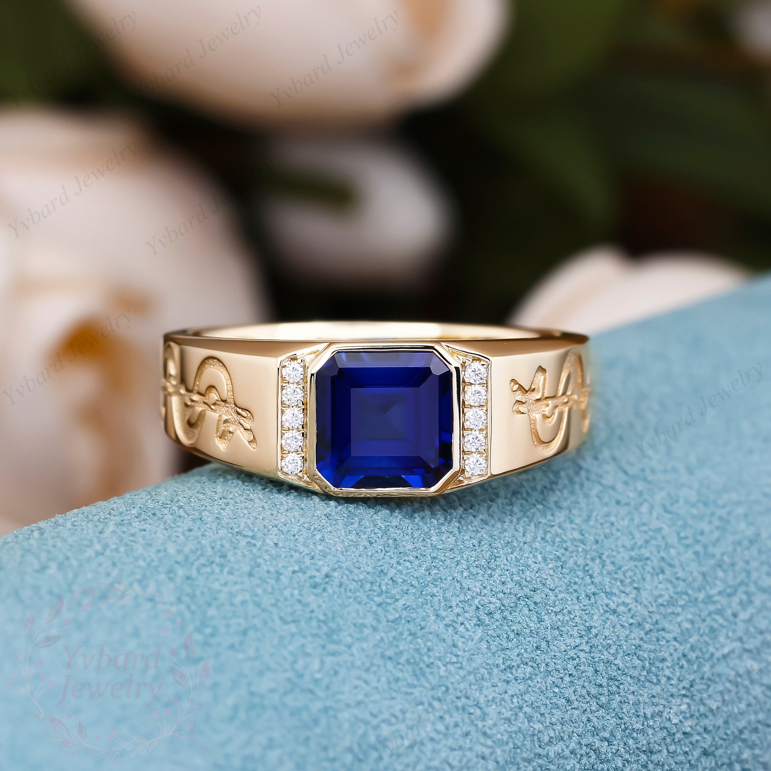 Blue Sapphire Men Ring 18K/14K/10K Yellow Gold Engagement Rings for Men ...