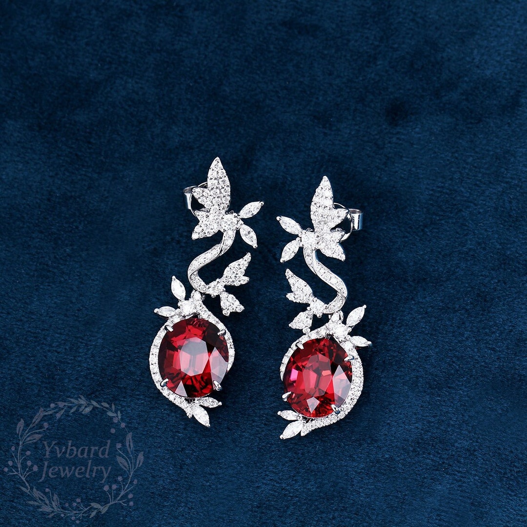 Natural Red Garnet Drop Earrings Solid 10K/14K/18K White Gold Dangle ...