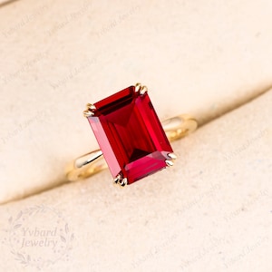 Emerald Cut Lab Created Ruby Solitaire Ring Yellow Gold Minimalist Ring ...