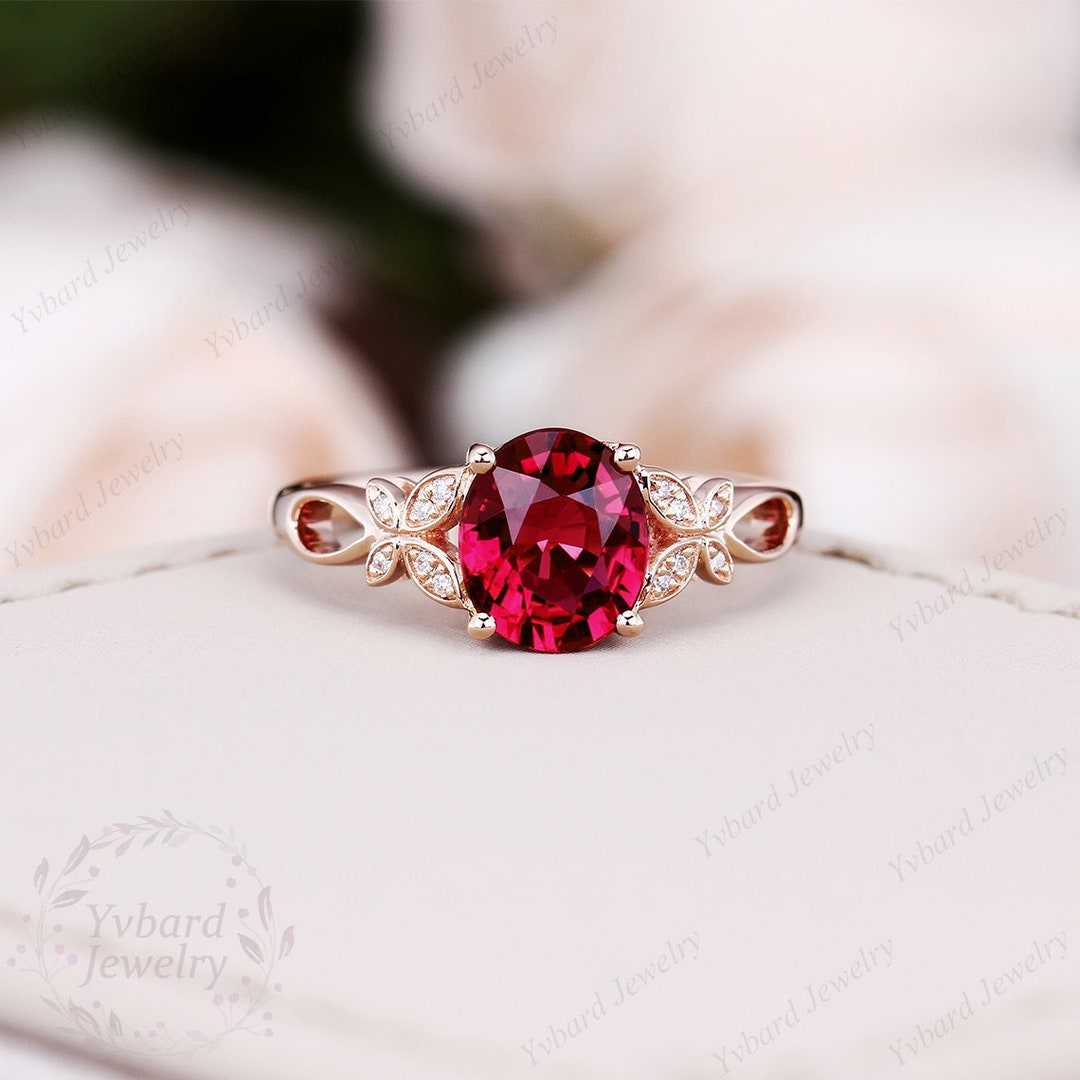 Oval Cut Red Ruby Ring Solid Rose Engagement Gold Lab Created Ruby Ring ...