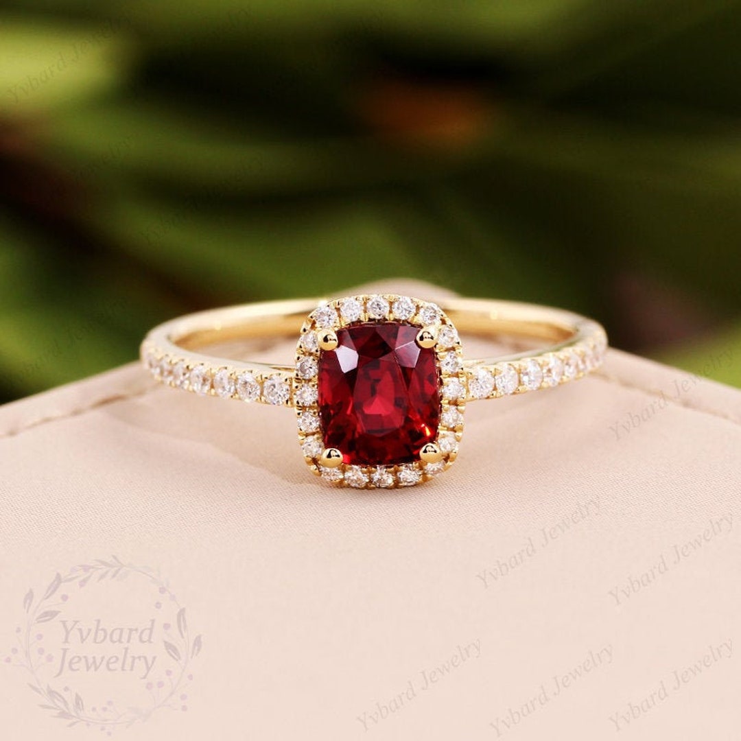 14K Gold Garnet Engagement Ring Natural Garnet Bridal Ring Classic ...