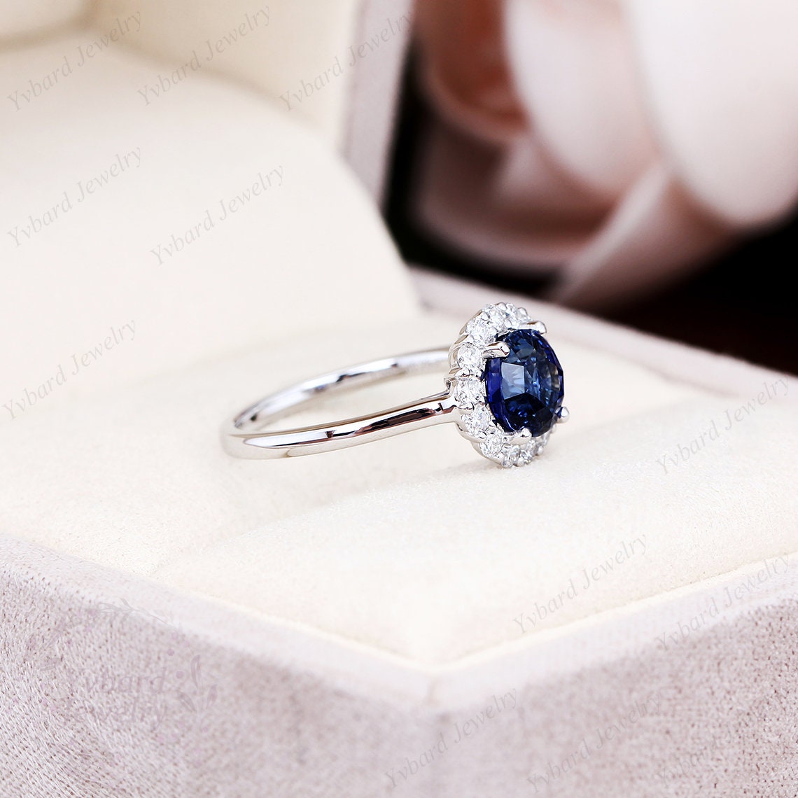 Round Blue Sapphire Engagement Ring Solid White Gold Halo | Etsy