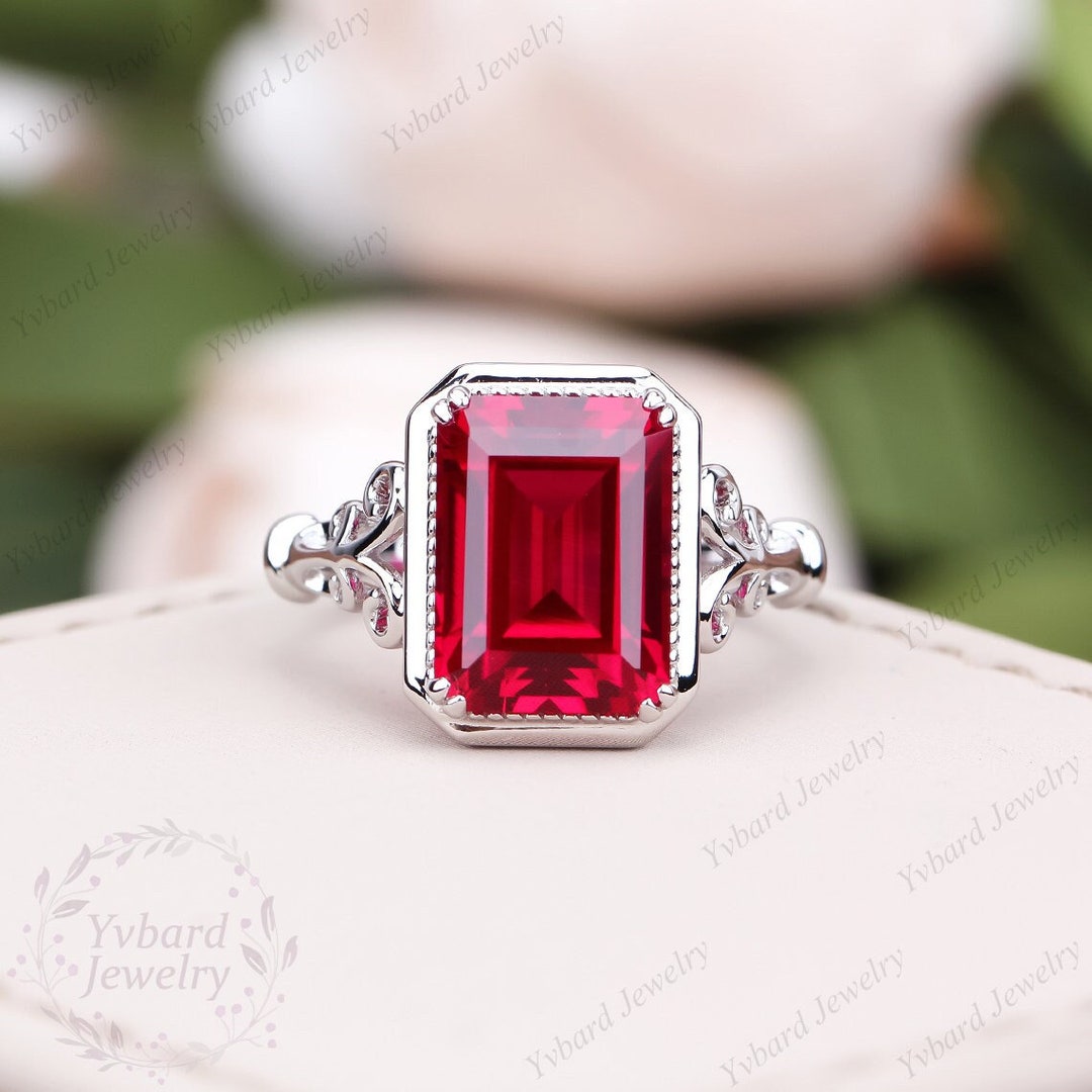 Vintage Red Ruby Engagement Ring Emerald Cut Solitaire Ring Solid White ...