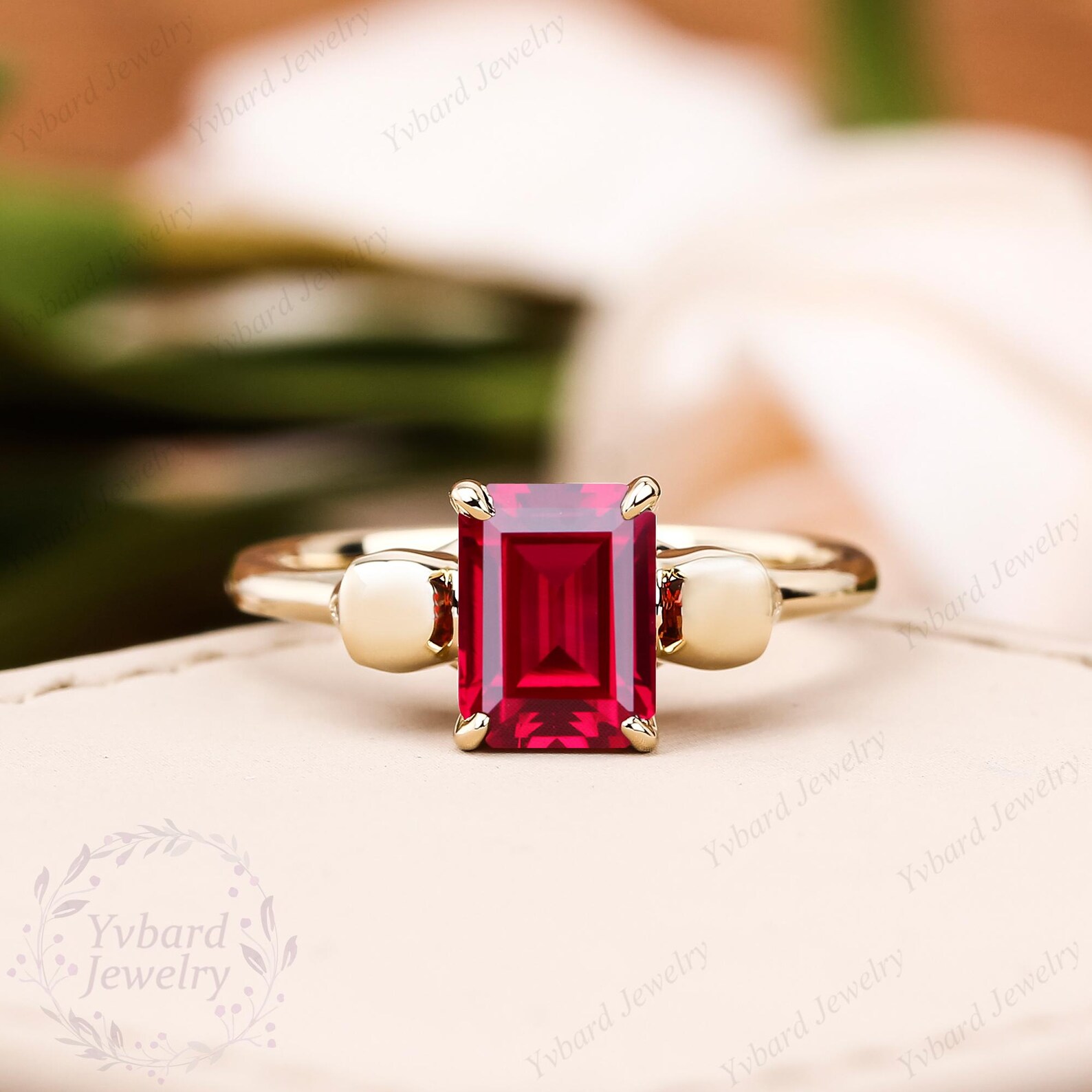 Unique Skull Ring Lab Created Ruby Engagement Ring Solid Yellow Gold ...